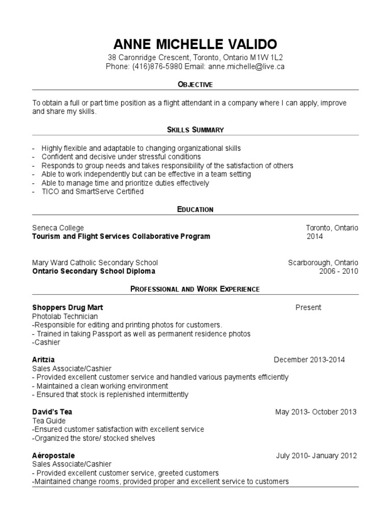 Flight Attendant Resume: Anne Valido | PDF