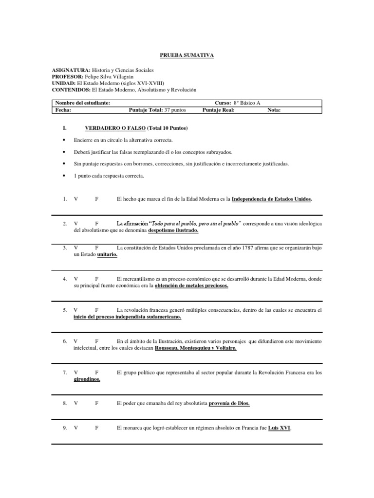 Prueba de Historia 8° Básico | PDF | Mercantilismo | revolución Francesa