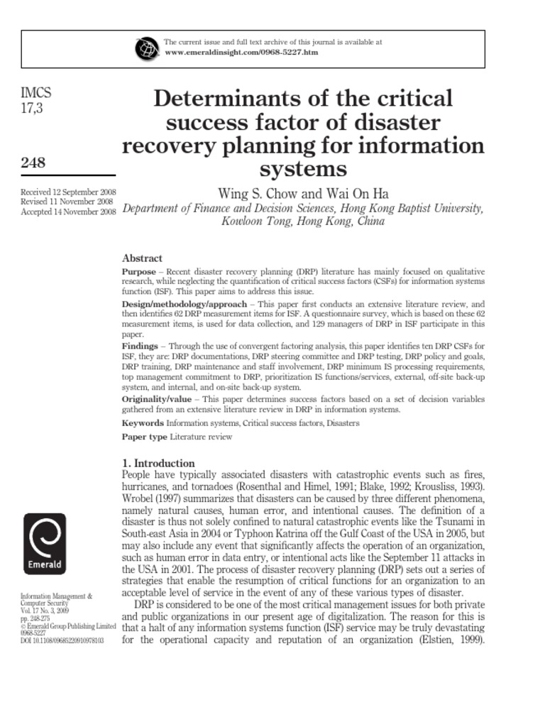 Determinants of The Critical Success Factor of Disaster Recovery ...