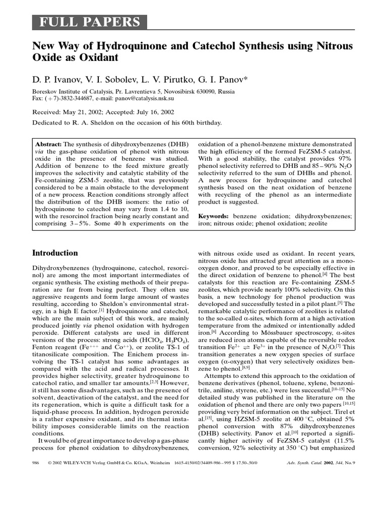 New Way of Hydroquinone and Catechol Synthesis Using Nitrous | PDF ...