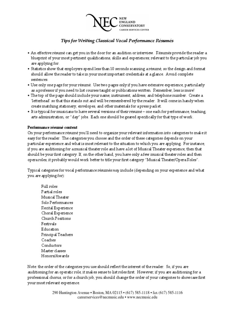 Career Services Tips For Writing Classical Vocal Performance Resumes ...