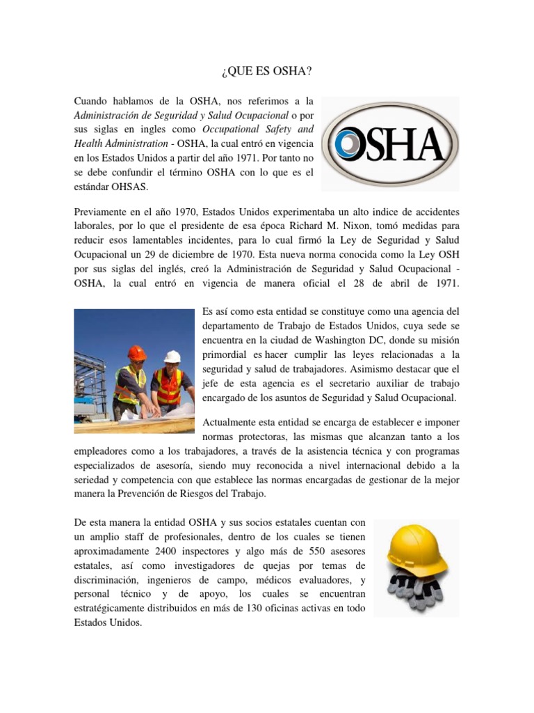 ¿Qué es OSHA y su función en EE.UU.? | PDF | Administración de ...