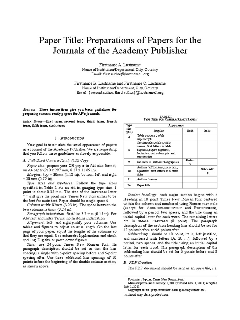 Paper Title: Preparations of Papers For The Journals of The Academy ...