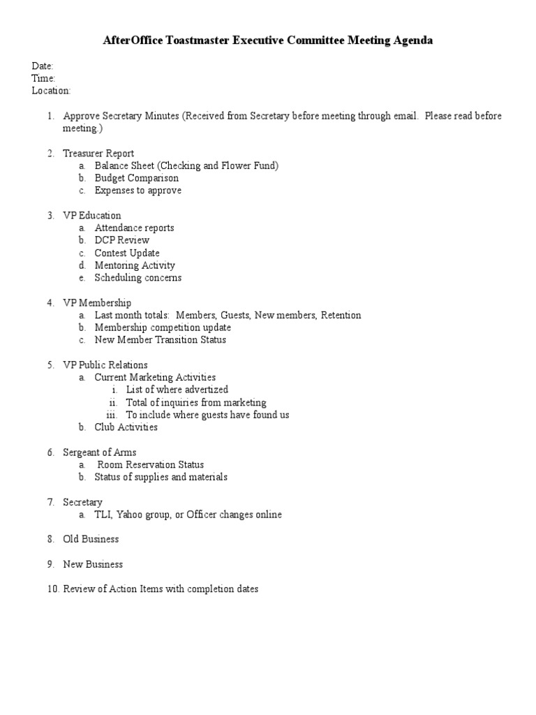 Afteroffice Toastmaster Executive Committee Meeting Agenda