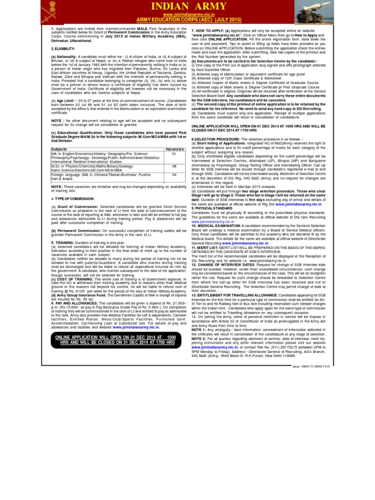 Army Education Corps (Aec) (July 2015) : WWW - Joinindianarmy.nic - in ...
