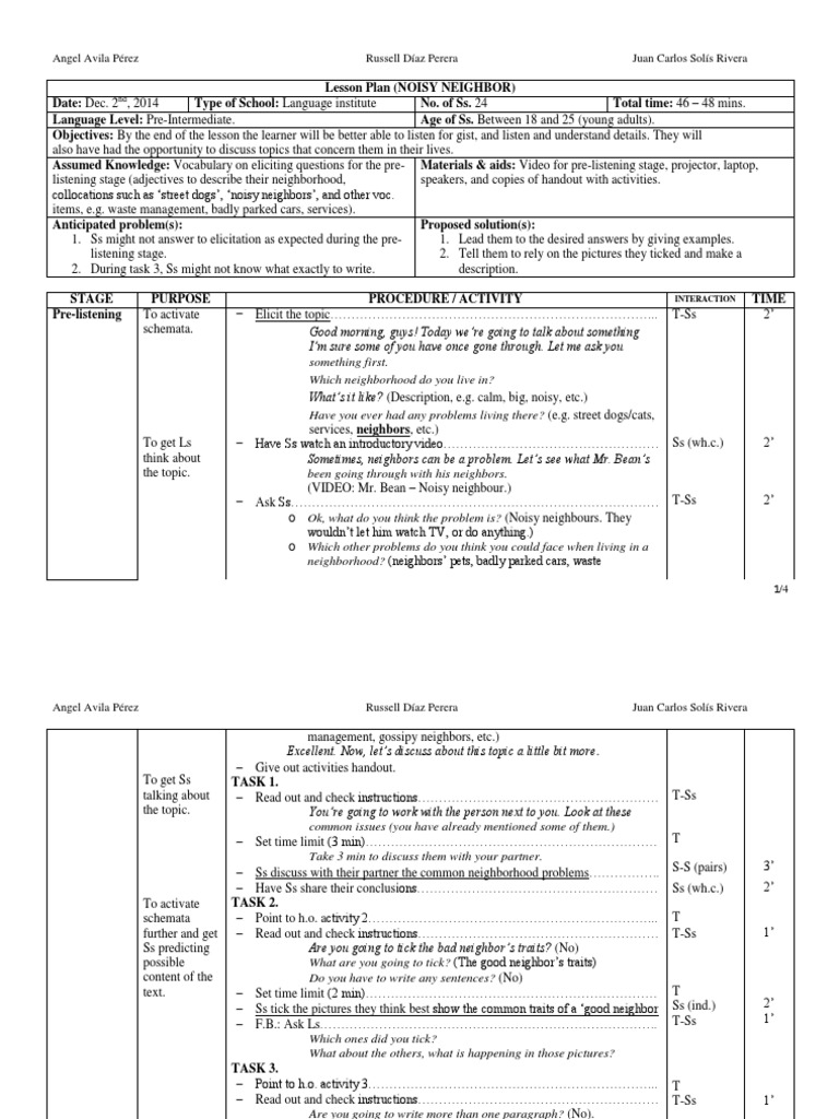 Lesson Plan (Noisy Neighbor) | PDF | Lesson Plan | English As A Second ...