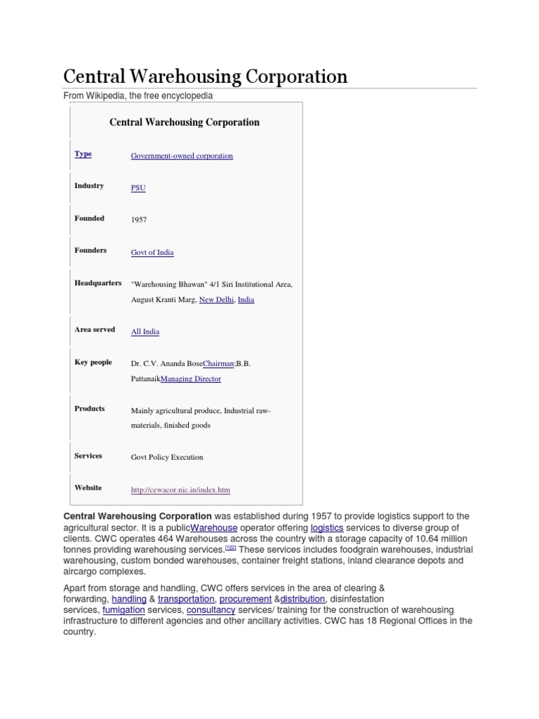 Central Warehousing Corporation | PDF | Warehouse | Industries