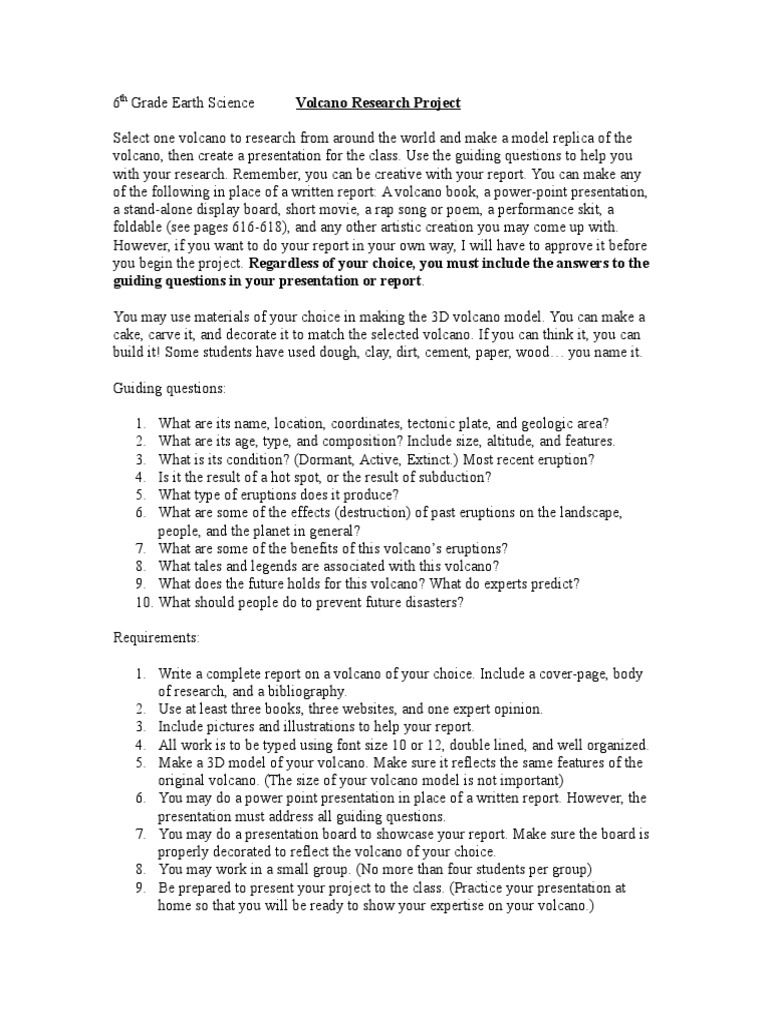 6th Grade Volcano Research Project Guide | PDF | Volcano | Earth Sciences