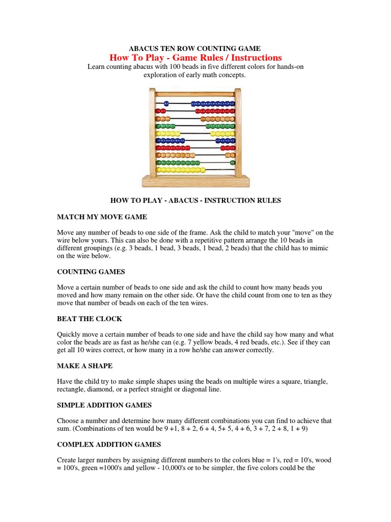 Abacus Ten Row Counting Game Pdf Division Mathematics