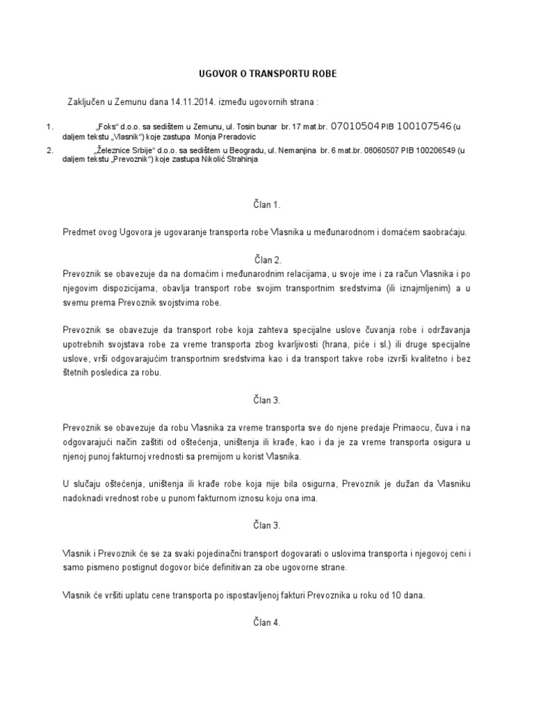 Ugovor o Transportu Robe Uradjeno | PDF
