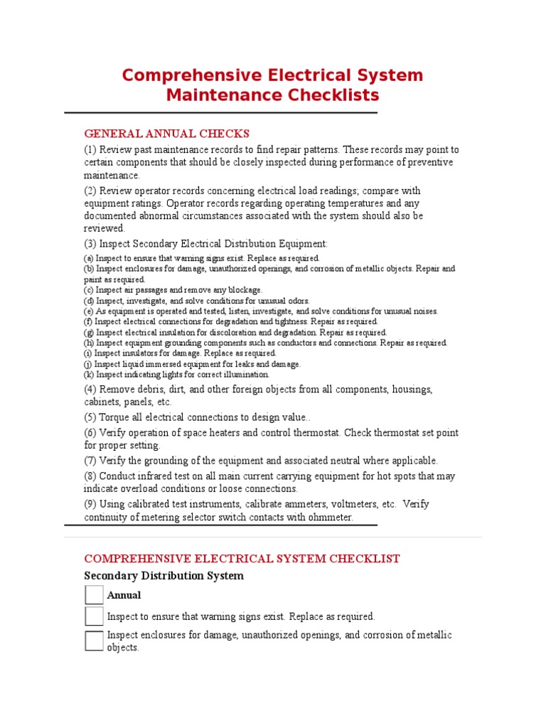Comprehensive Electrical System Maintenance Checklists | PDF | Switch ...