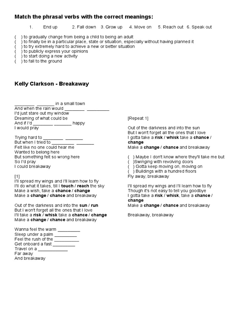 Kelly Clarkson - Breakaway Activity Phrasal Verbs | PDF | Language Arts ...