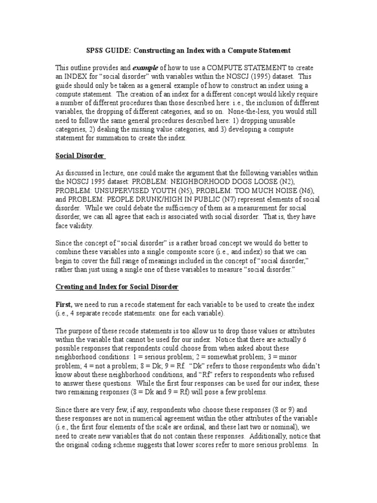 Constructing a Social Disorder Index from Multiple Variables Using SPSS Compute Statements | PDF ...