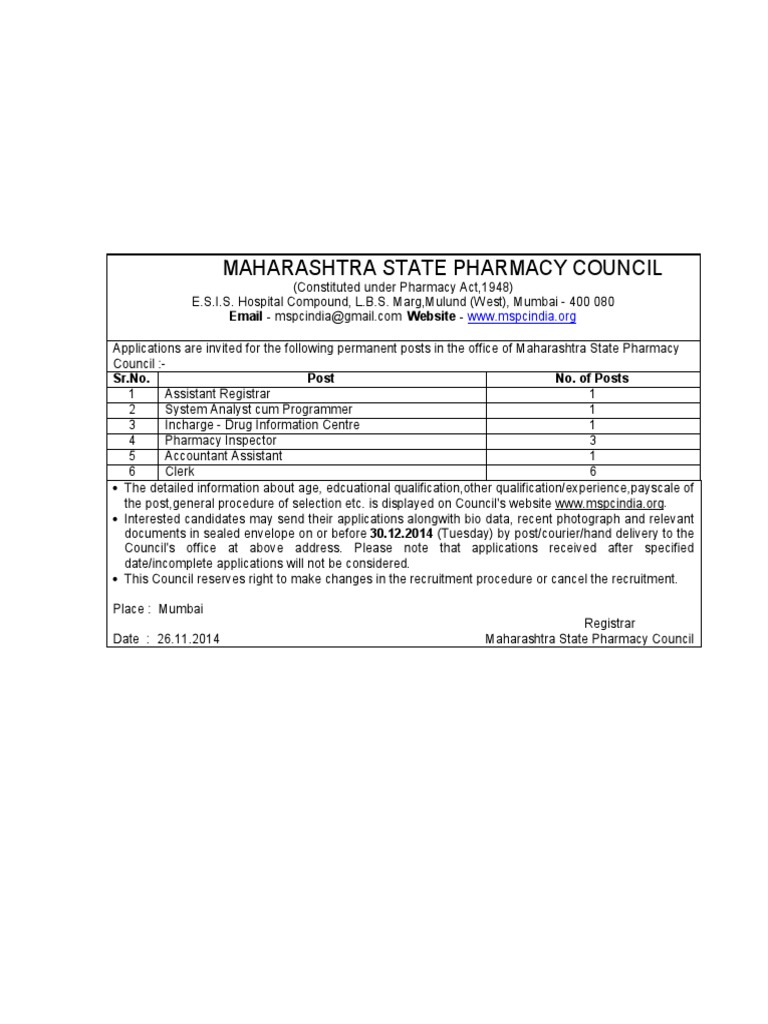 Maharashtra State Pharmacy Council: Email | PDF | Pharmacist ...