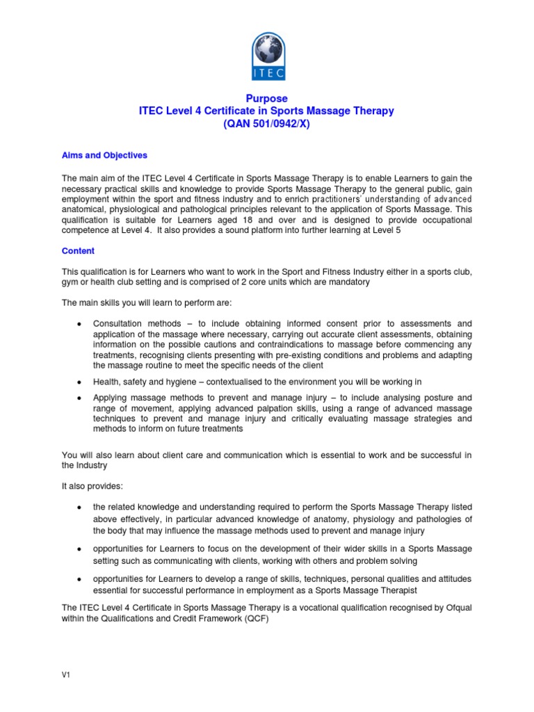 Itec Level 4 Certificate In Sports Massage Therapy Purpose V1 Massage