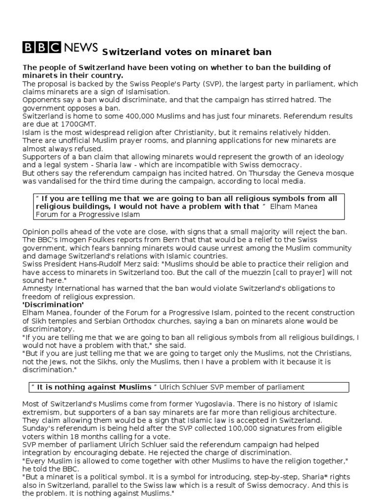 wSHEET BBCS Minaret Ban | PDF | Sharia | Switzerland