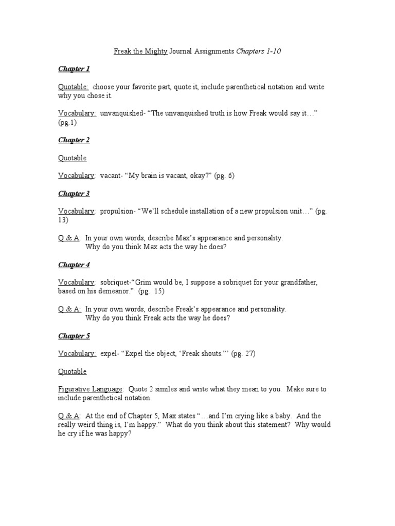 Freak The Mighty Journal Assignments Chapters 1-10 | PDF | Human ...