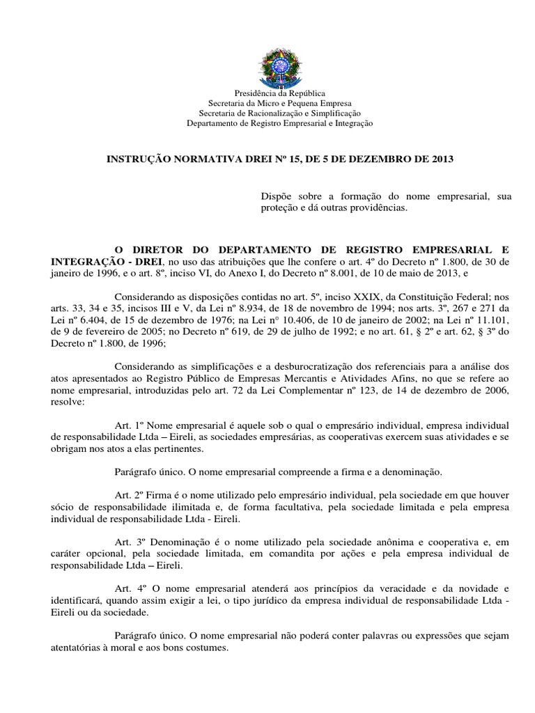 Departamento de Registro Empresarial e Integração INSTRUÇÃO NORMATIVA ...