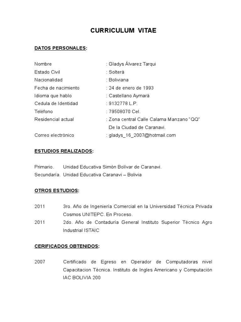 Curriculum Vitae Gladys | PDF | Bolivia | Instituciones sociales