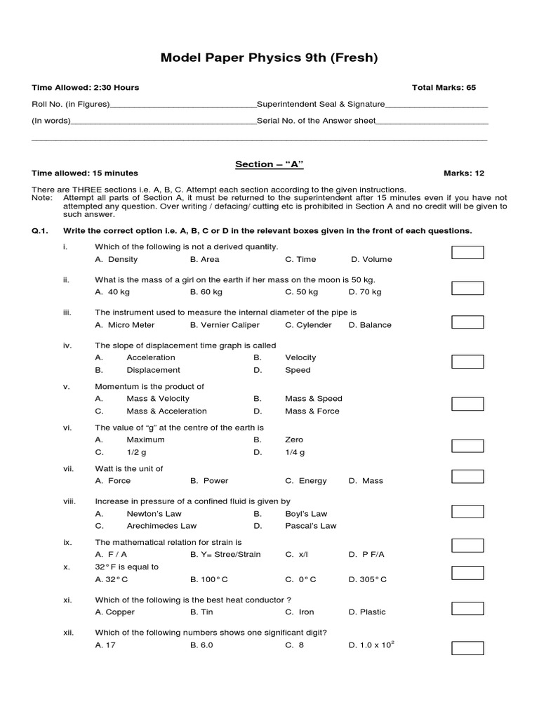 9th Class Physics Paper Pattern 2013 | PDF | Mass | Acceleration
