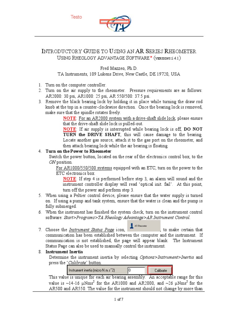 AR Series Rheometer Setup Guide | PDF | Calibration | Bearing (Mechanical)