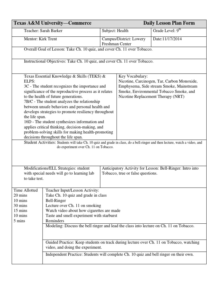 9th Grade Health Lesson Plan on Tobacco | PDF | Self-Improvement