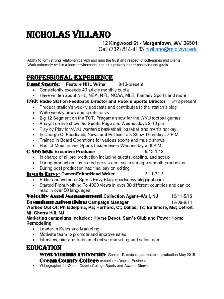 Nick Villano Resume | Download Free PDF | Adobe Photoshop | Sports