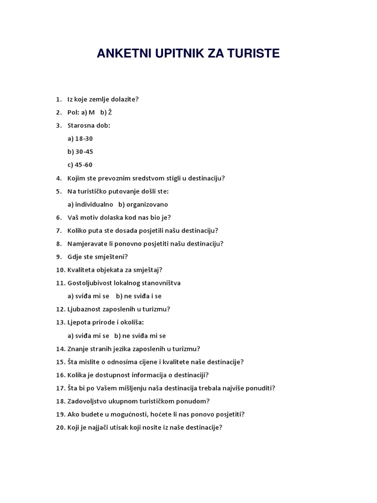 Anketni Upitnik Za Turiste Auzt | PDF