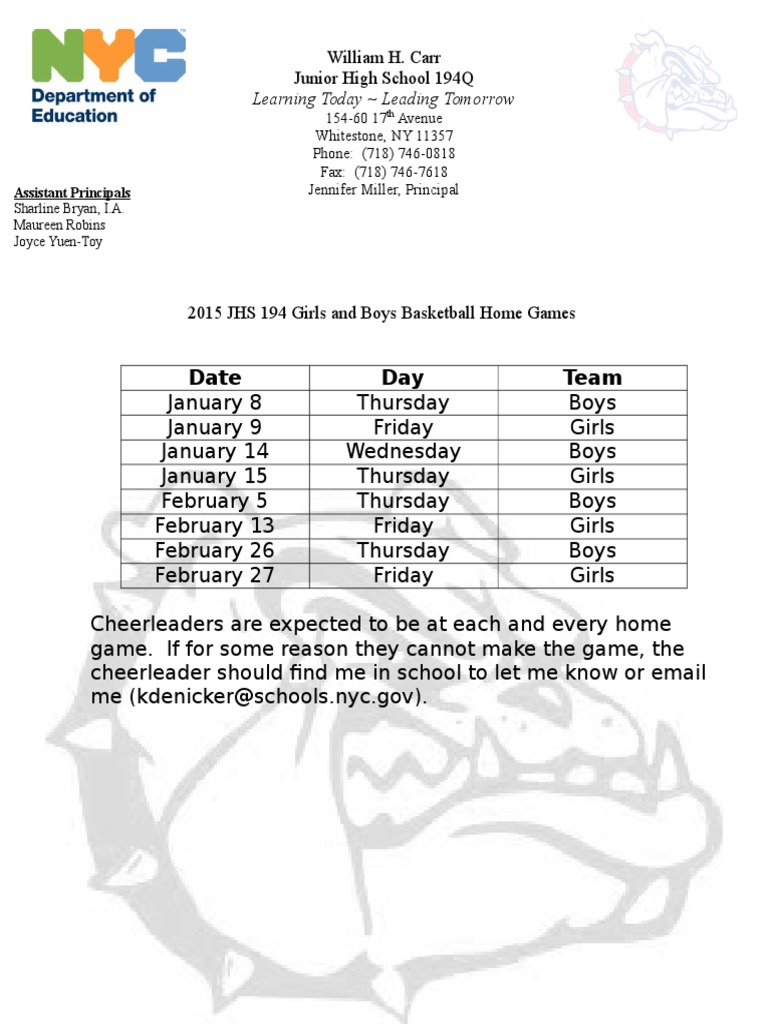 JHS 194 Basketball Schedule | PDF | Sports
