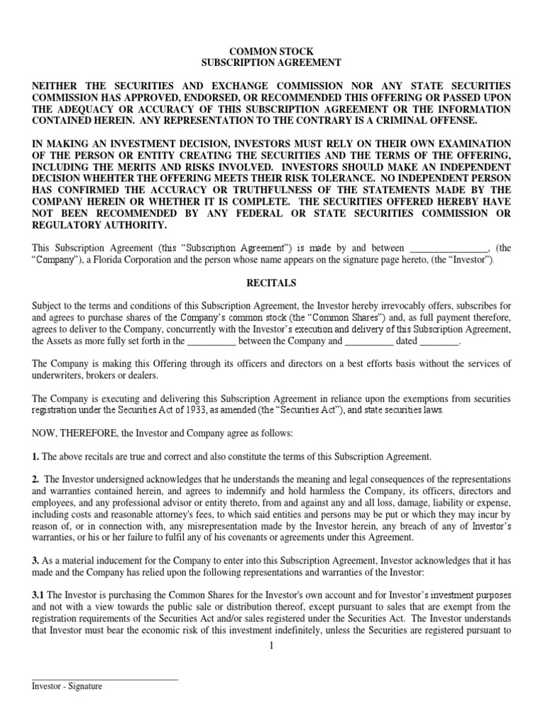 Common Stock Subscription Agreement | PDF | Securities Act Of 1933 | Securities (Finance)