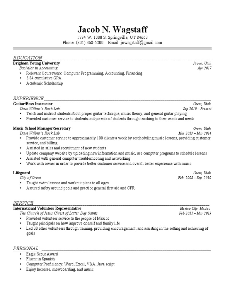 Jacob Wagstaff: Accounting Graduate & Music Instructor Resume | PDF ...