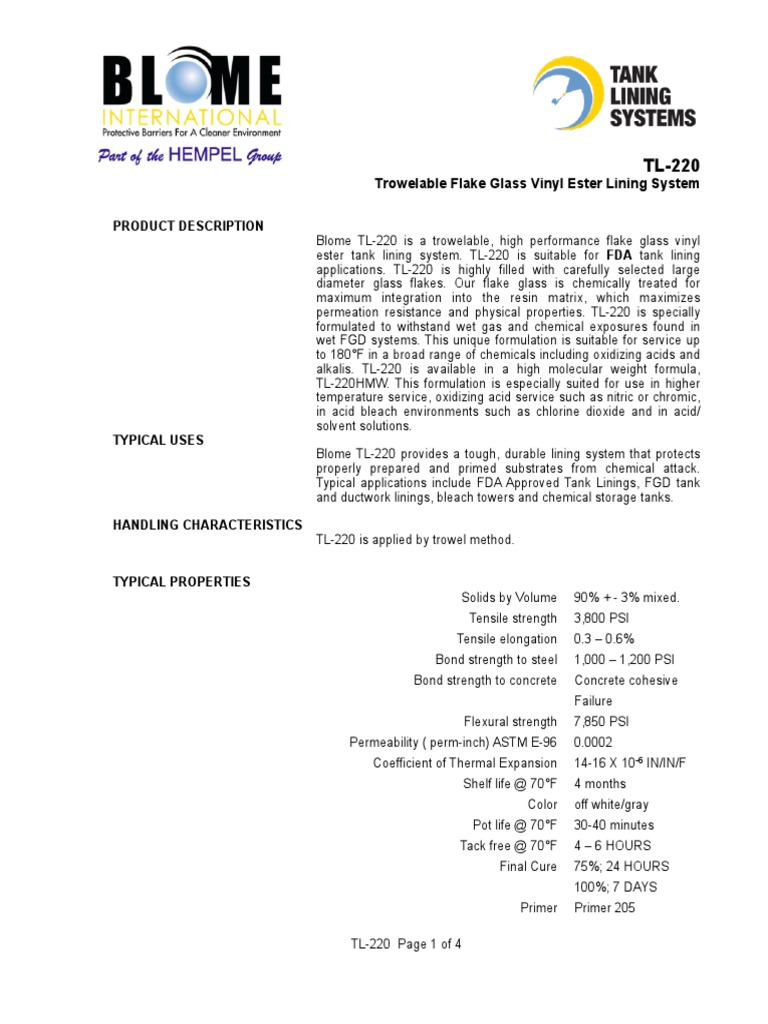 Blome - TL-220 Trowellable Flake Glass Vinyl Ester Lining | PDF ...