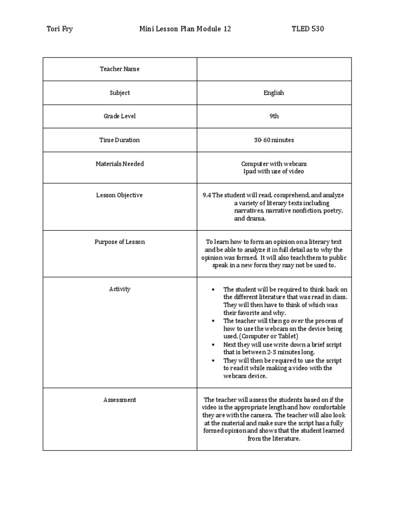 Mini Lesson Plan Module 12 | PDF | Lesson Plan | Educational Technology
