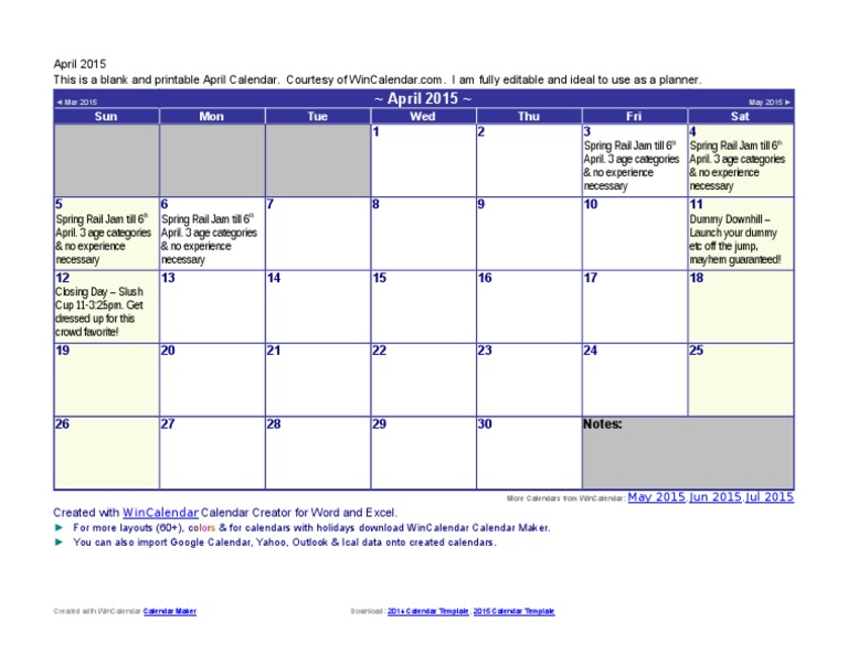 April 2015 Printable Calendar | PDF