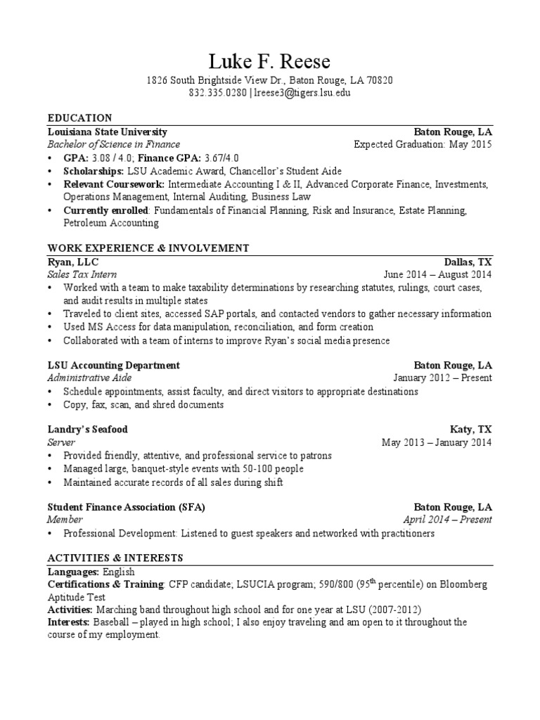 Luke Reese Finance Resume | PDF