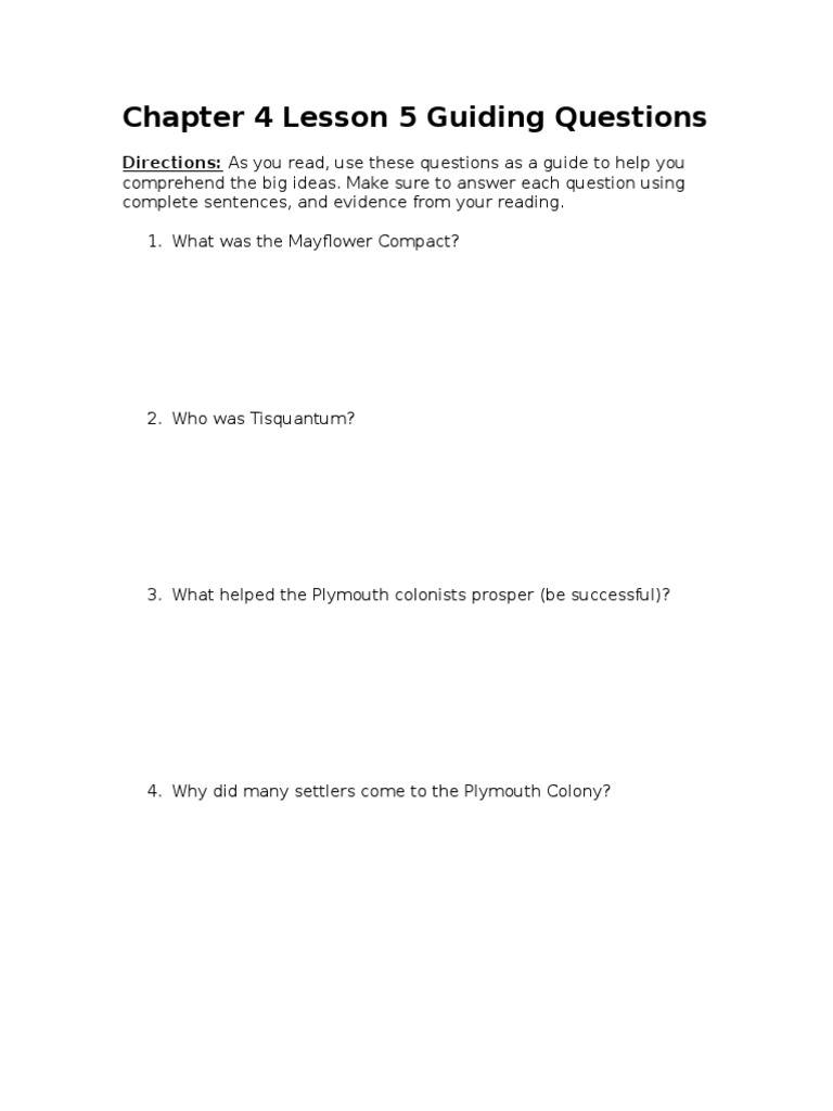 Guiding Questions for Plymouth Colony | PDF | Career & Growth | Self ...