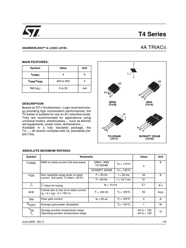 TRIAC SÉRIES T4 - T410600W - ST - Datasheet | PDF | Electrical ...