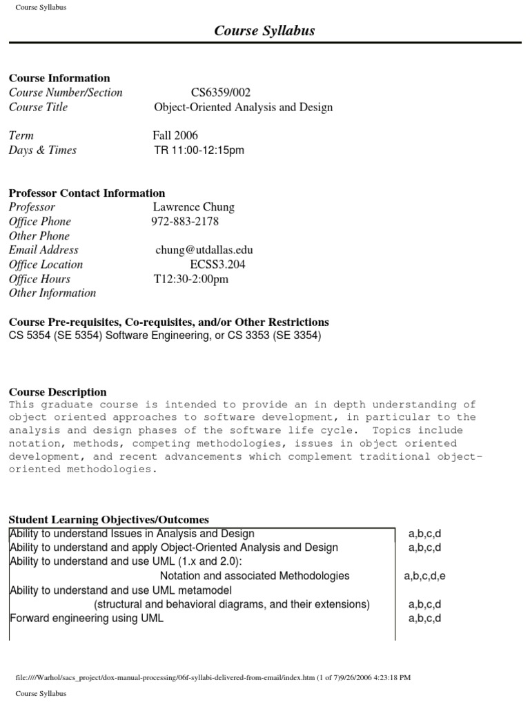 Ut Dallas Syllabus For Cs6359 002 06f Taught By Lawrence Chung Chung Pdf Unified Modeling
