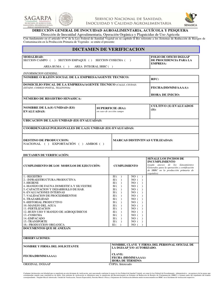 DICTÁMEN DE VERIFICACIÓN SAGARPA | Business