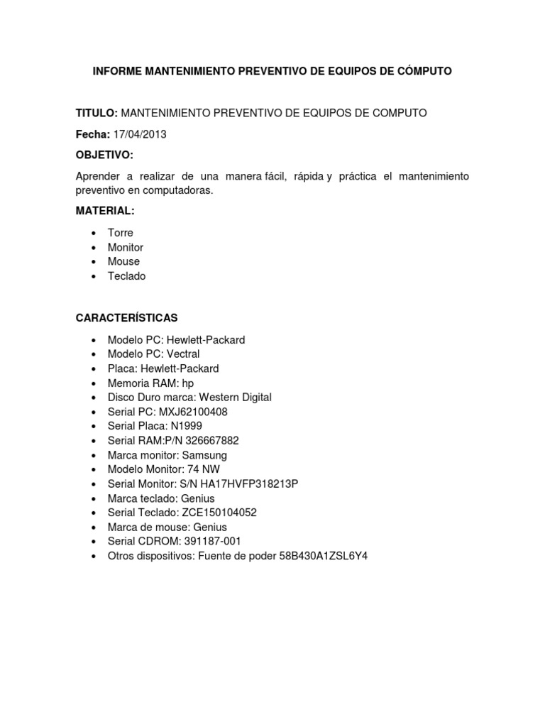 Informe Mantenimiento Preventivo De Equipos De Cómputo Pdf Memoria