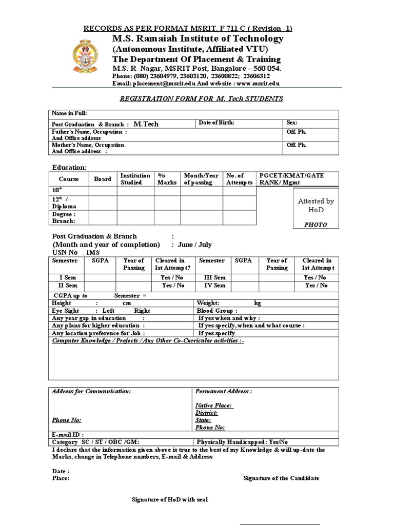 Registration Form For MTech | PDF | Technology & Engineering