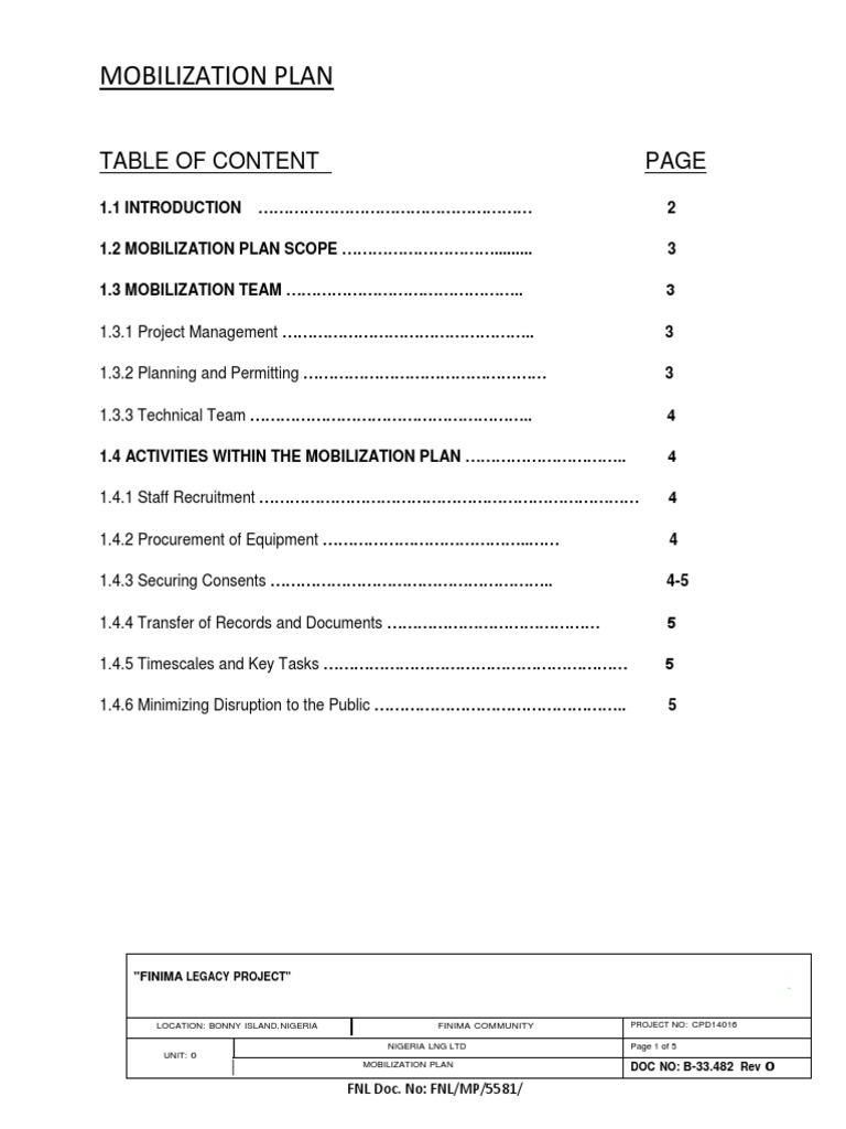 Mobilization Plan | PDF | Project Manager | Project Management