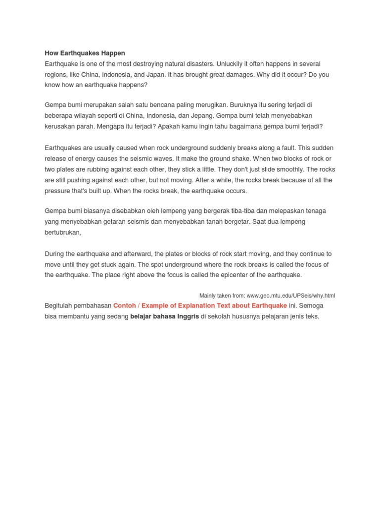 How Earthquakes Happen: Contoh / Example of Explanation Text About ...