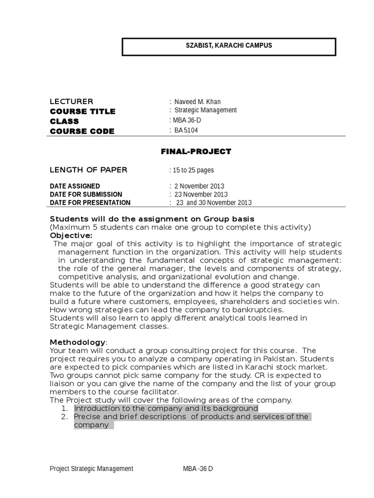 Strategic Management Project Guidelines | PDF | Strategic Management ...