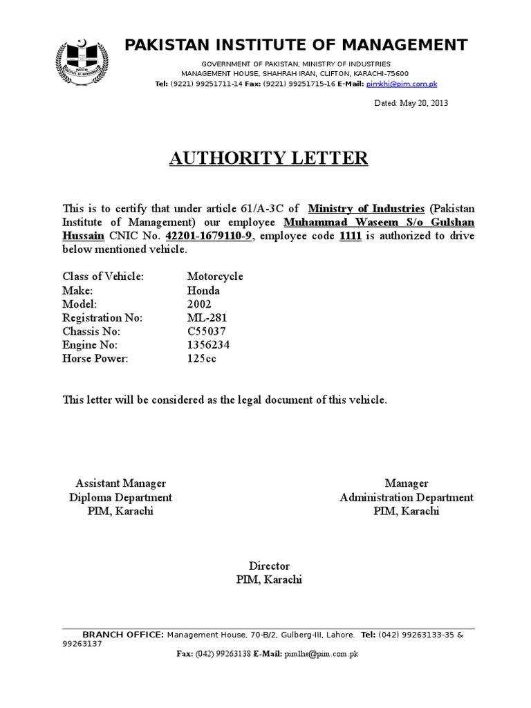 Authority Letter: Pakistan Institute of Management | PDF | Business ...