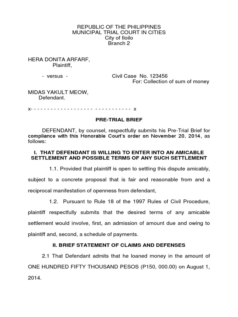 Sample Pre Trial Brief For Defendant | PDF | Lawsuit | Public Law