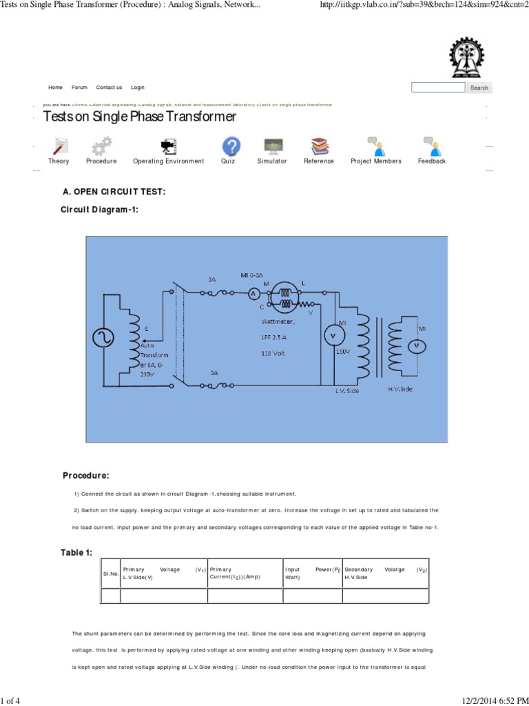Tests On Single Phase Transformer (Procedure) - Analog Signals, Network ...