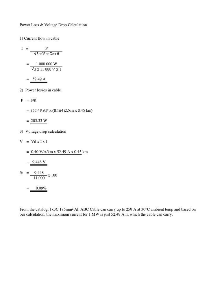 Cable Power Loss & Voltage Drop | PDF
