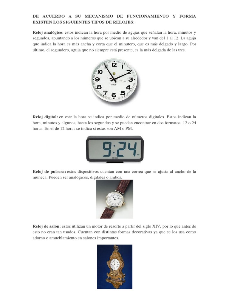 Tipos de relojes y sus características | PDF | Reloj | Equipo