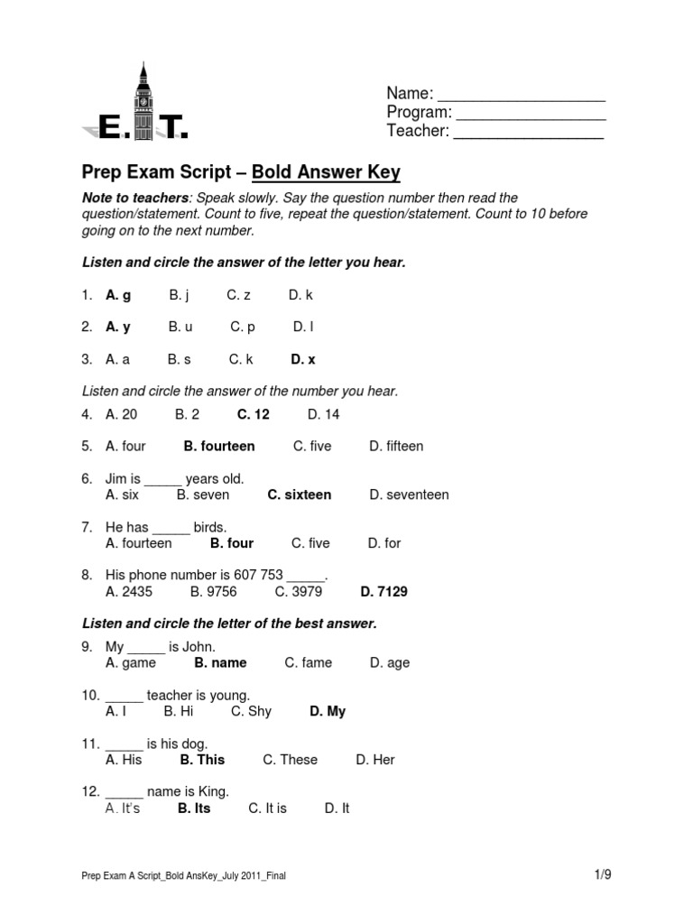 Prep Exam A Script - Bold AnsKey - July 2011 - Final | PDF